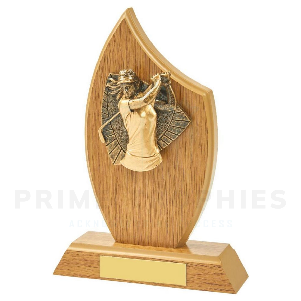Wooden Tear Female Golfer Golf Trophy | Prime Trophies