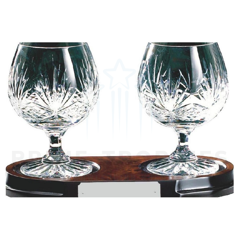 Two Crystal Brandy Balloons on Wood Stand | Prime Trophies